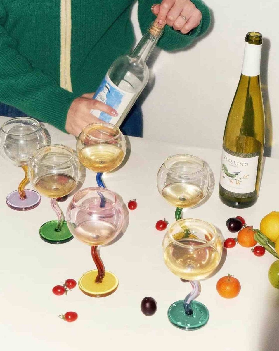 Handblown Wavy Stem Bubble Wine Glass - Retro Whimsical